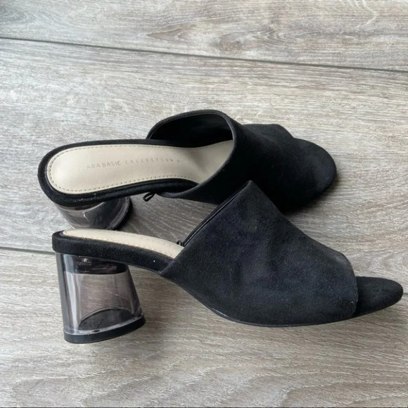 Zara | Shoes | Zara Black Faux Suede Clear Heel Slides | Poshmark